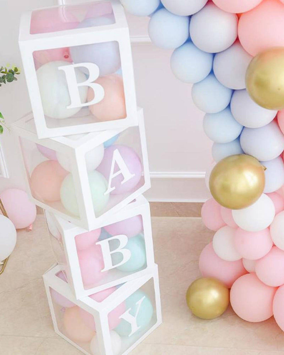 Transparent 'BABY' White Balloon Boxes (4 Pack)